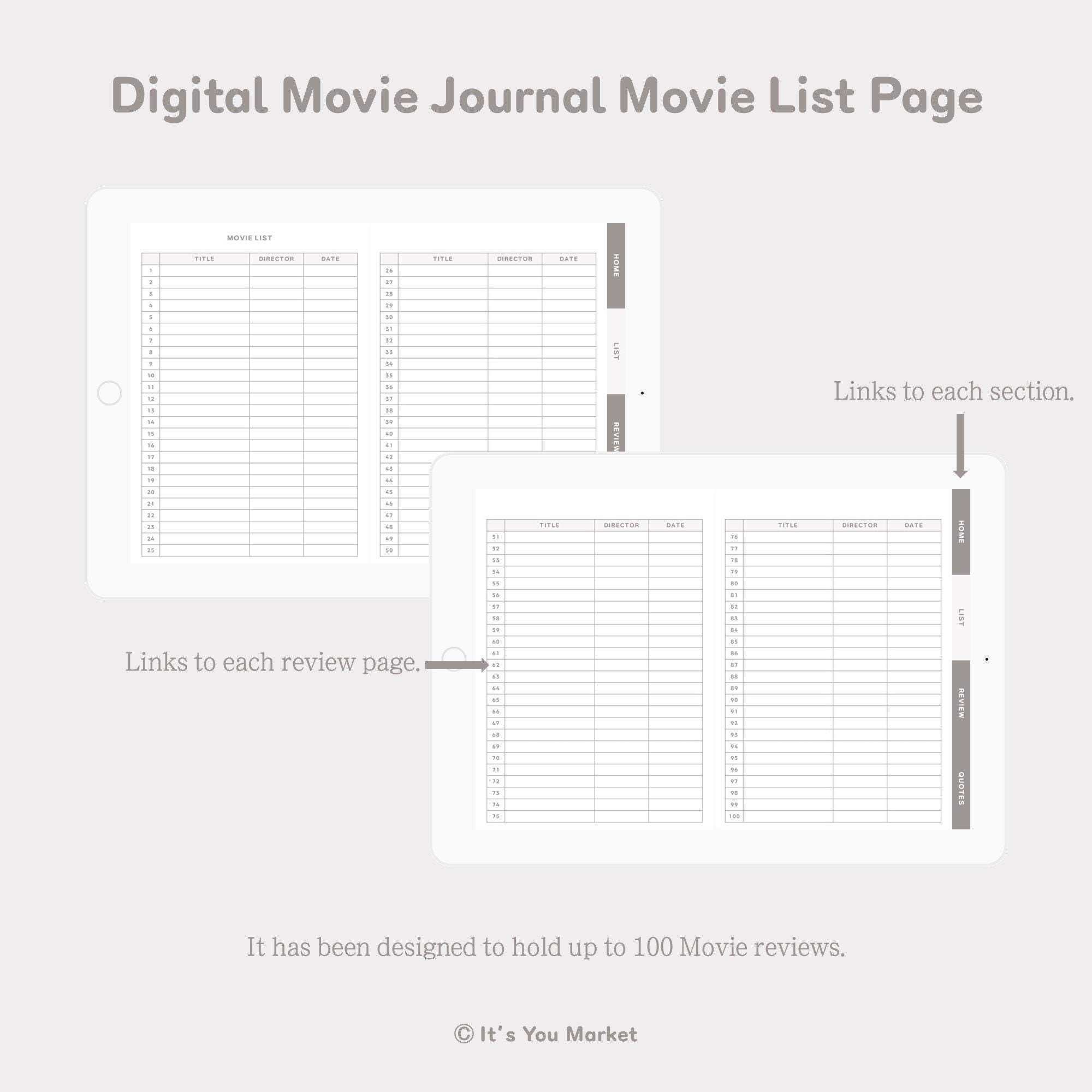 Digital Movie Journal, Movie Log, 100 Movie Challenge for Goodnotes ...