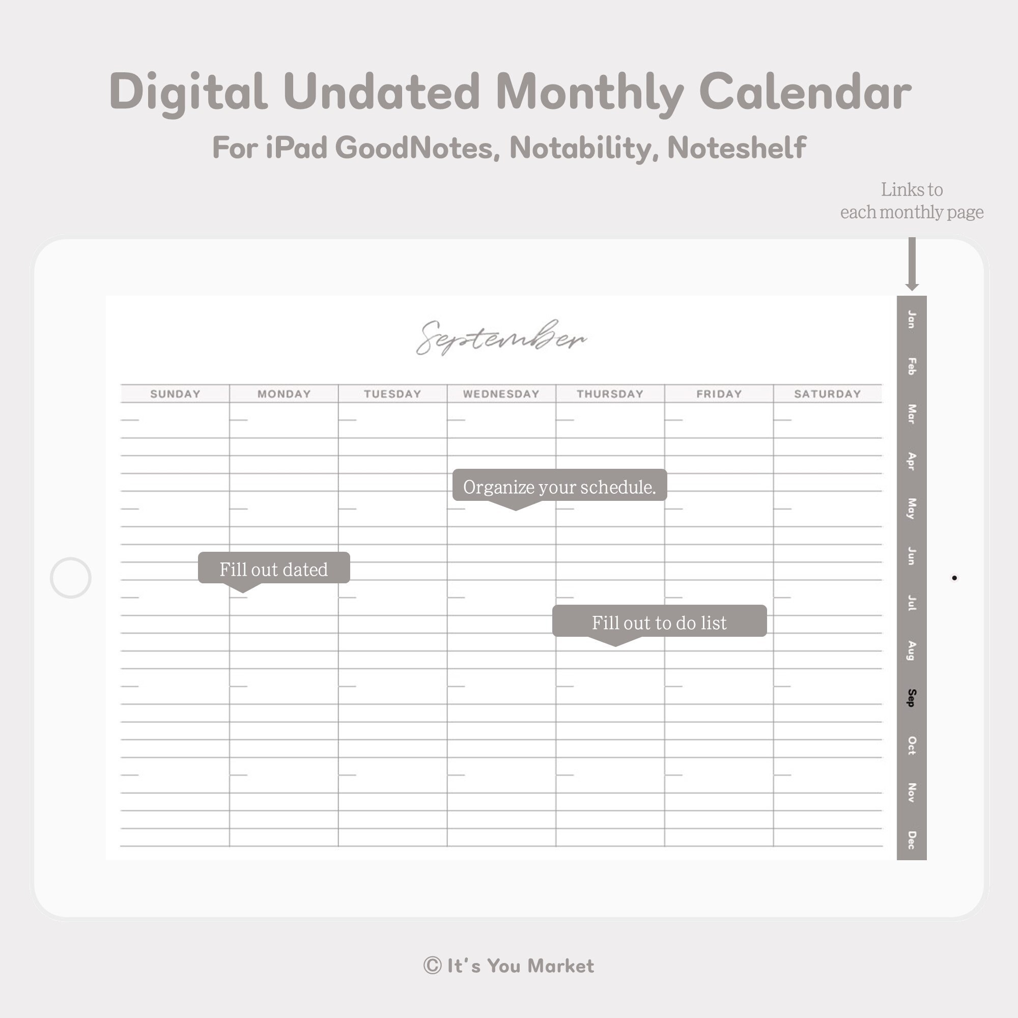 Digital Undated Monthly Calendar Page, Monthly Plannerhyperlinked for ...