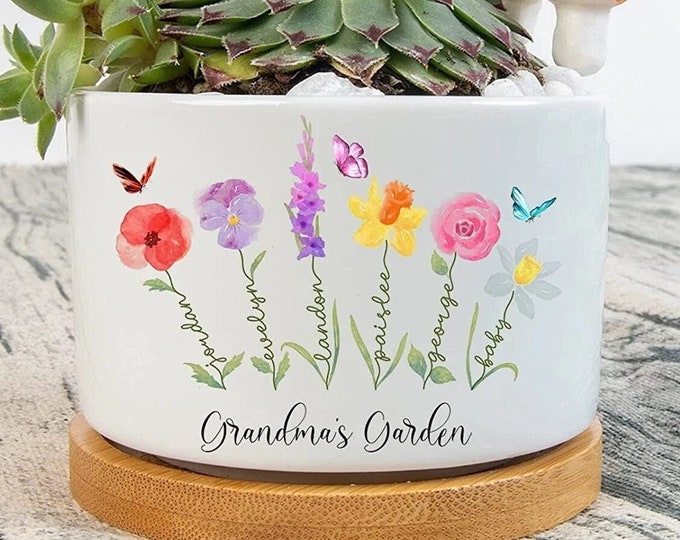 Custom Birth Month Flowers Mini Plant Pot, Grandma and Grandkids Flower ...
