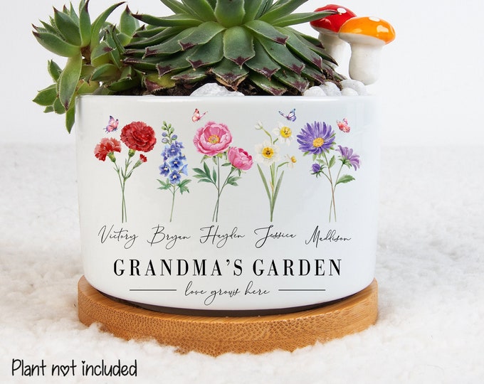 Custom Birth Month Flowers Mini Plant Pot, Grandma and Grandkids Flower ...