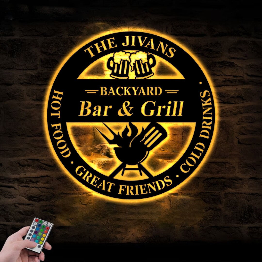 Bar and Grilling Sign BBQ Metal Art With Led Lights, Custom Backyard ...
