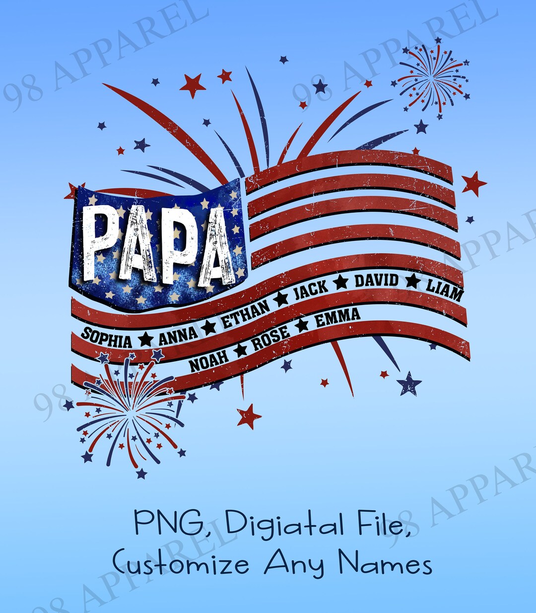 Custom American Flag Papa and Grandkids Sublimation PNG, Papa With Kids ...