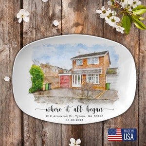Custom Photo House Portrait Platter, Watercolor House Platter ...