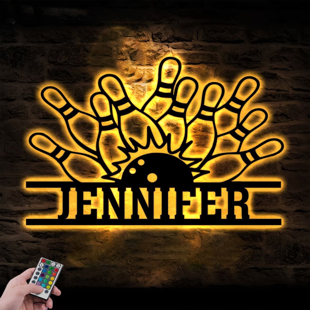 Bowling Metal Wall Art With LED Light, Custom Bowling Player Name Sign ...