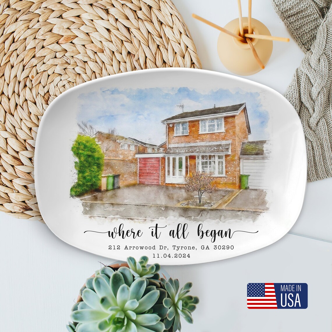 Custom Photo House Portrait Platter, Watercolor House Platter ...