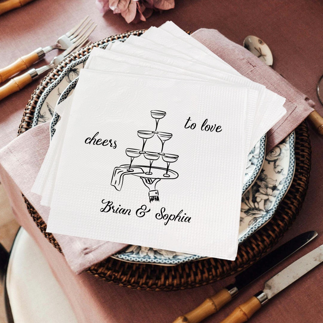 Personalized Cheers to Love Hand Drawn Glasses Wedding Napkins, Custom ...