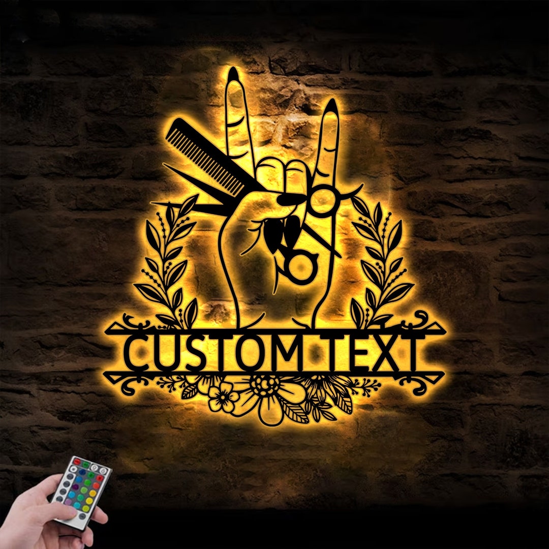 Custom Barber Shop Name Metal Wall Art LED Light, Hairstyle List Metal ...