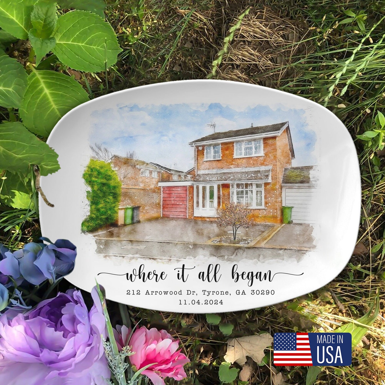 Custom Photo House Portrait Platter, Watercolor House Platter ...