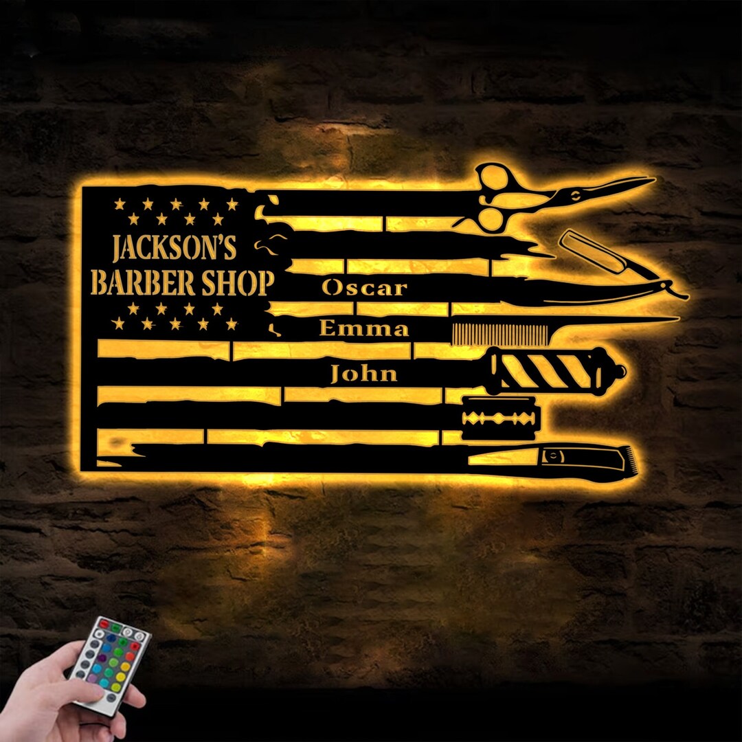 Personalized Metal Barber Shop Sign LED Light With Kids Name for Dad ...