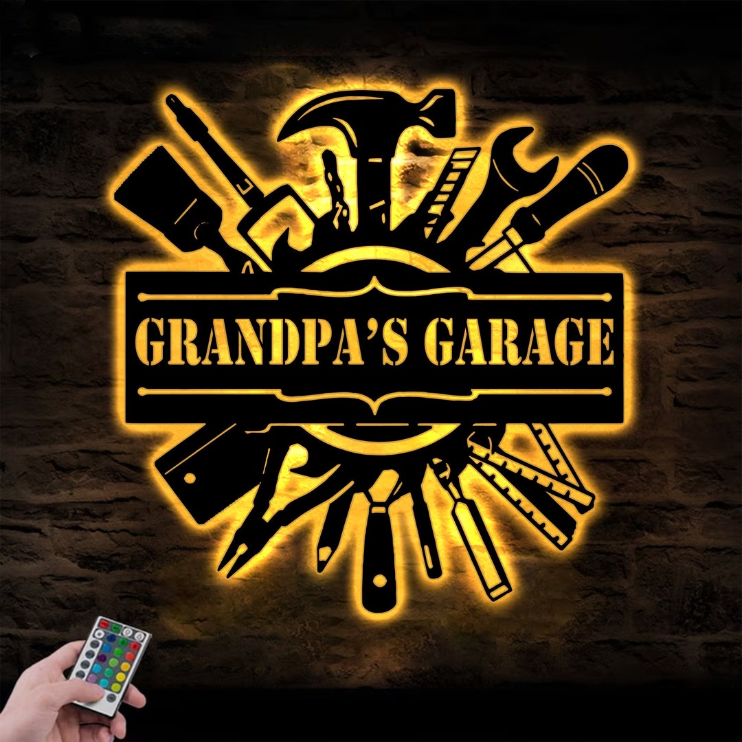 Personalized Garage Metal Wall Art LED Light Custom Workshop Name Sign ...