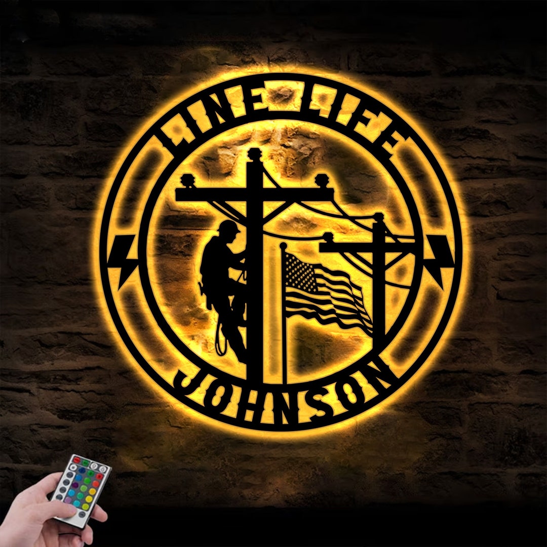 Personalized Lineman Metal Wall Art With Led Light, Lineman Home Decor ...