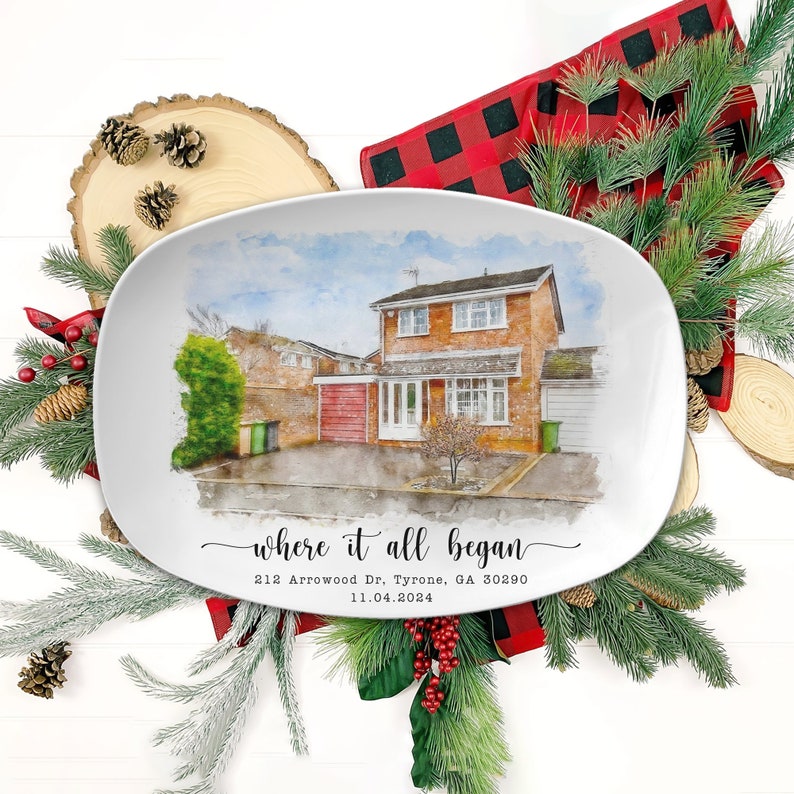 Custom Photo House Portrait Platter, Watercolor House Platter ...