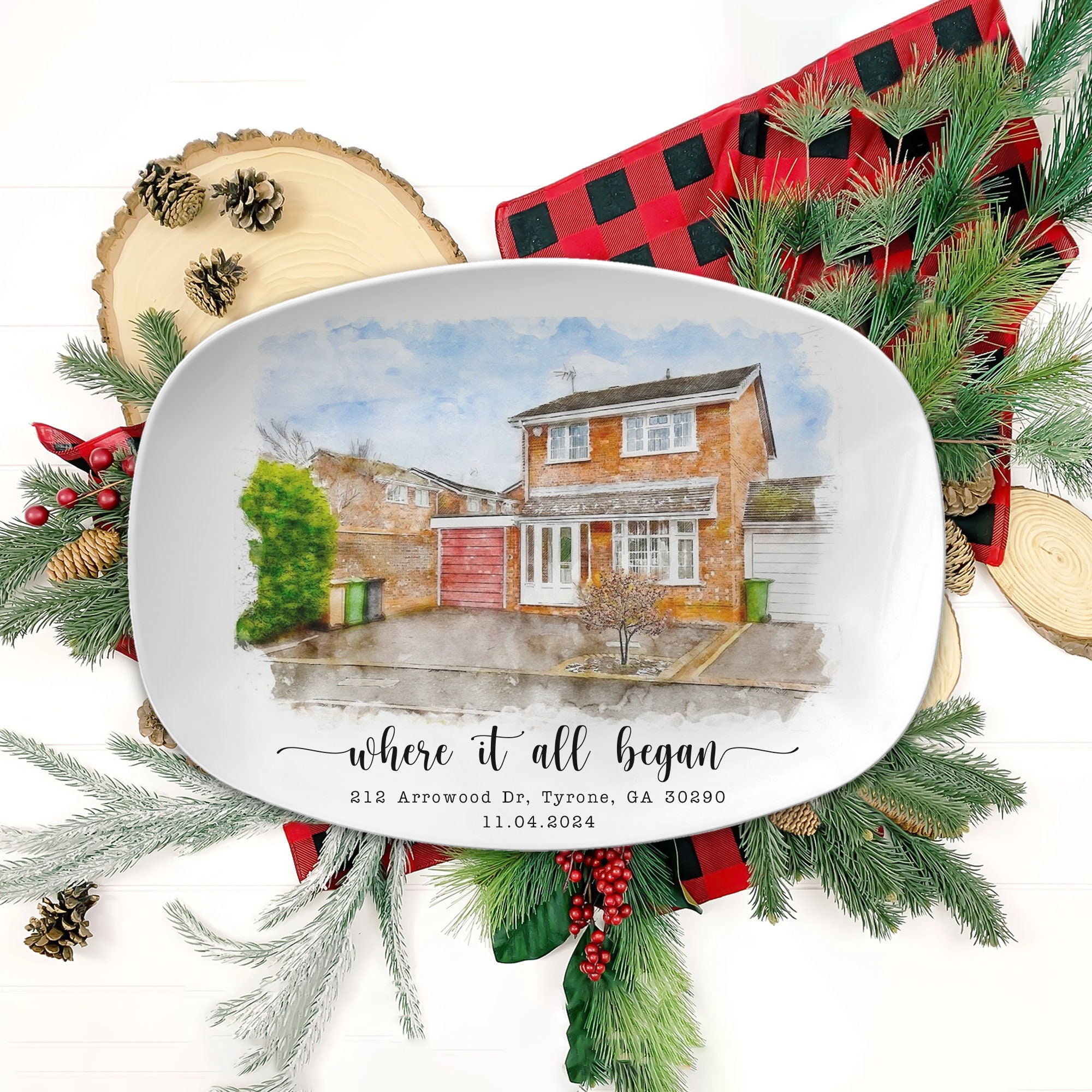 Custom Photo House Portrait Platter, Watercolor House Platter ...