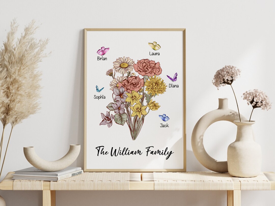 Birth Flower Family Bouquet, Birth Month Flower Art Custom, Hand Drawn ...