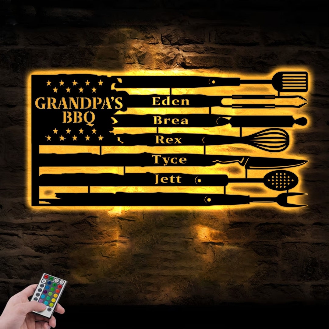 Personalized Name BBQ American Flag Sign With Led Lights, Grill Custom ...