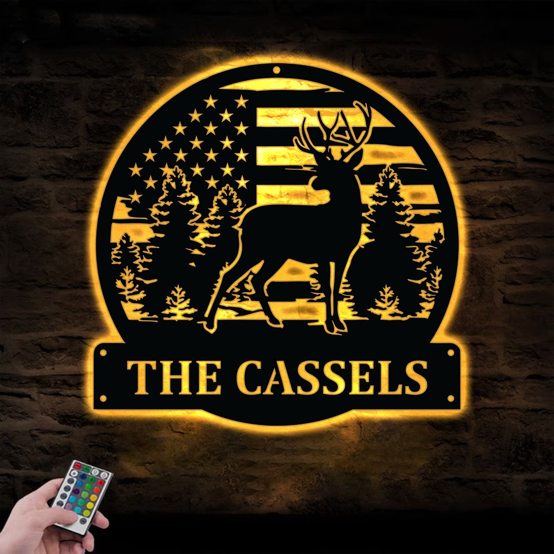 Custom US Flag Deer Hunting Metal Sign With LED Light, Custom Name Deer ...