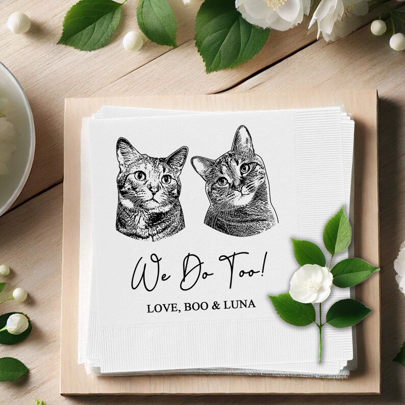 Personalized Illustrated Cat Wedding Napkins, Personalized Pet Cocktail ...