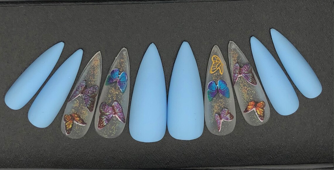 Butterfly Blue Matte Fake Nails Stiletto Press On Nails | Etsy