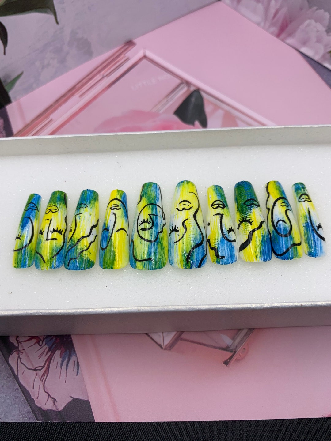 Hand Drawn Abstract Face Nails - Bright Press on Nails, Summer Press on ...