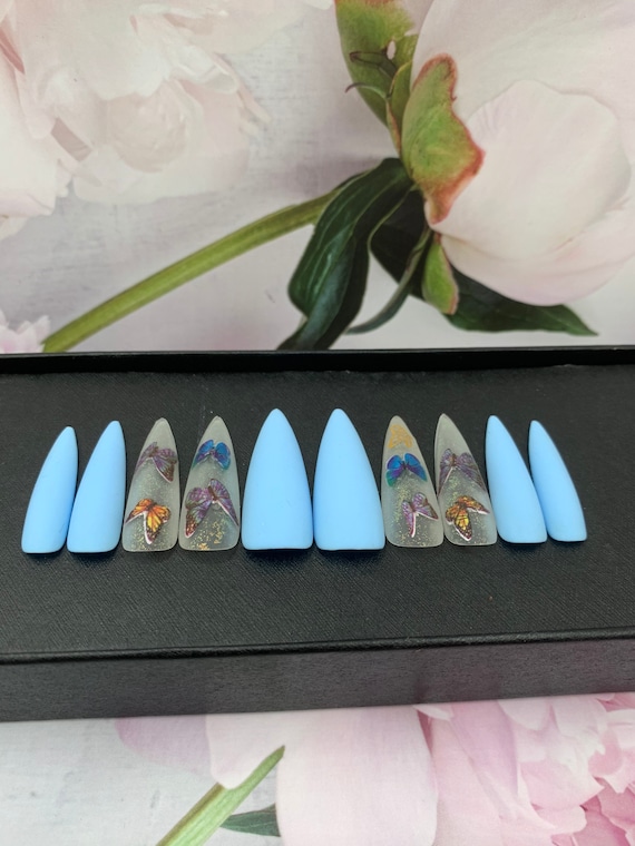 Butterfly Blue Matte Fake Nails Stiletto Press on Nails - Etsy