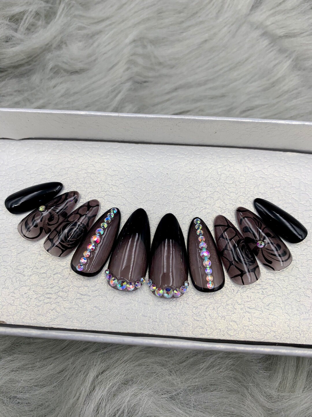 Maleficent Black Fake Nails With Crystal | Press on Nails | Glue on ...