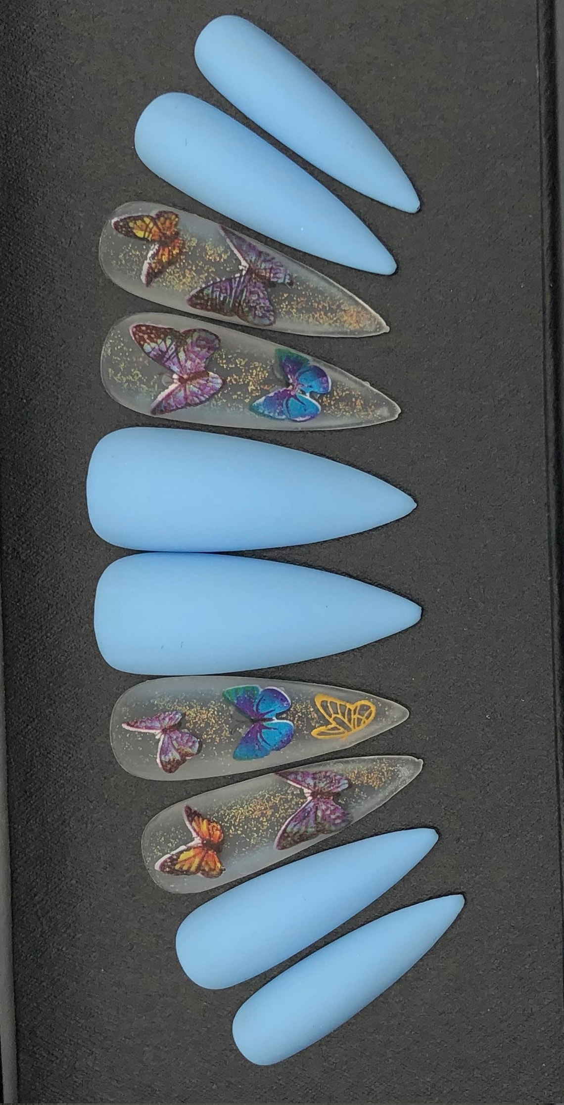 Butterfly Blue Matte Fake Nails Stiletto Press On Nails | Etsy