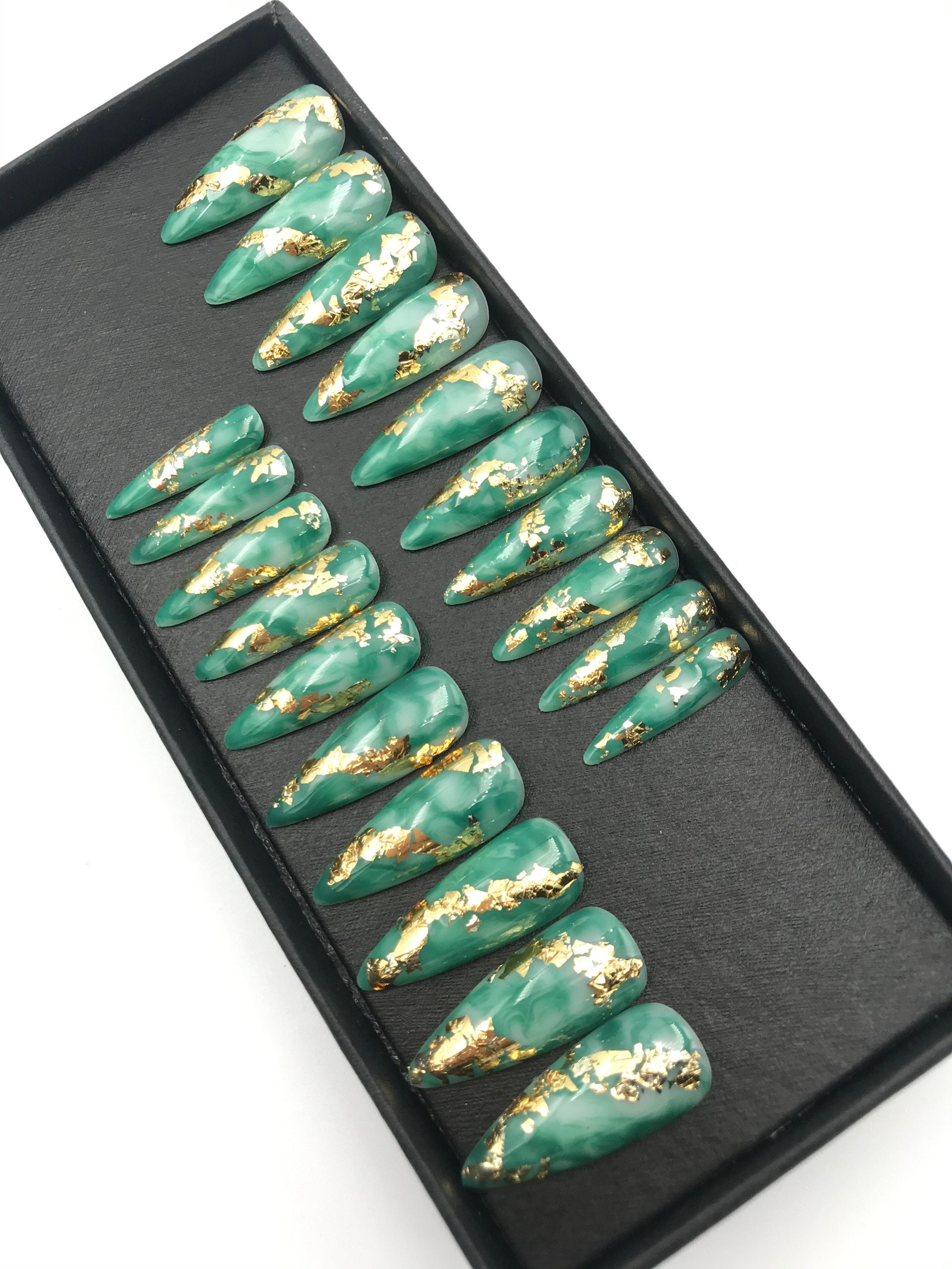 Turquoise Marble Nail Set fake Nails Glue on Nails Press - Etsy