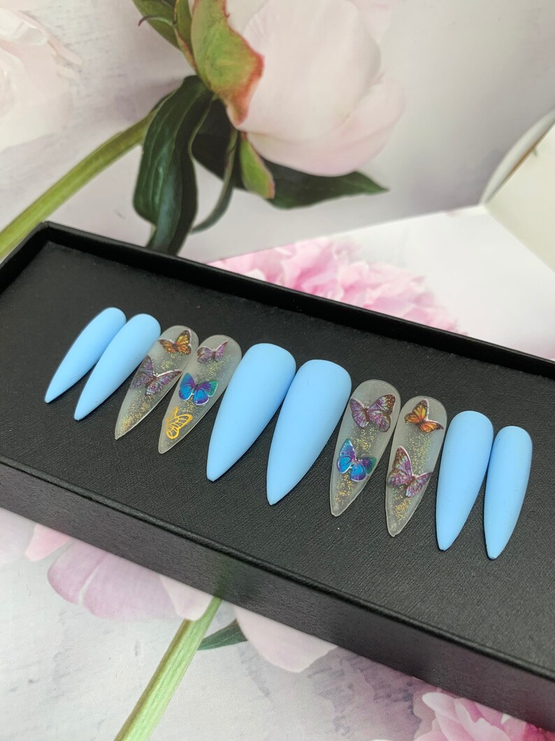Butterfly Blue Matte Fake Nails Stiletto Press on Nails - Etsy