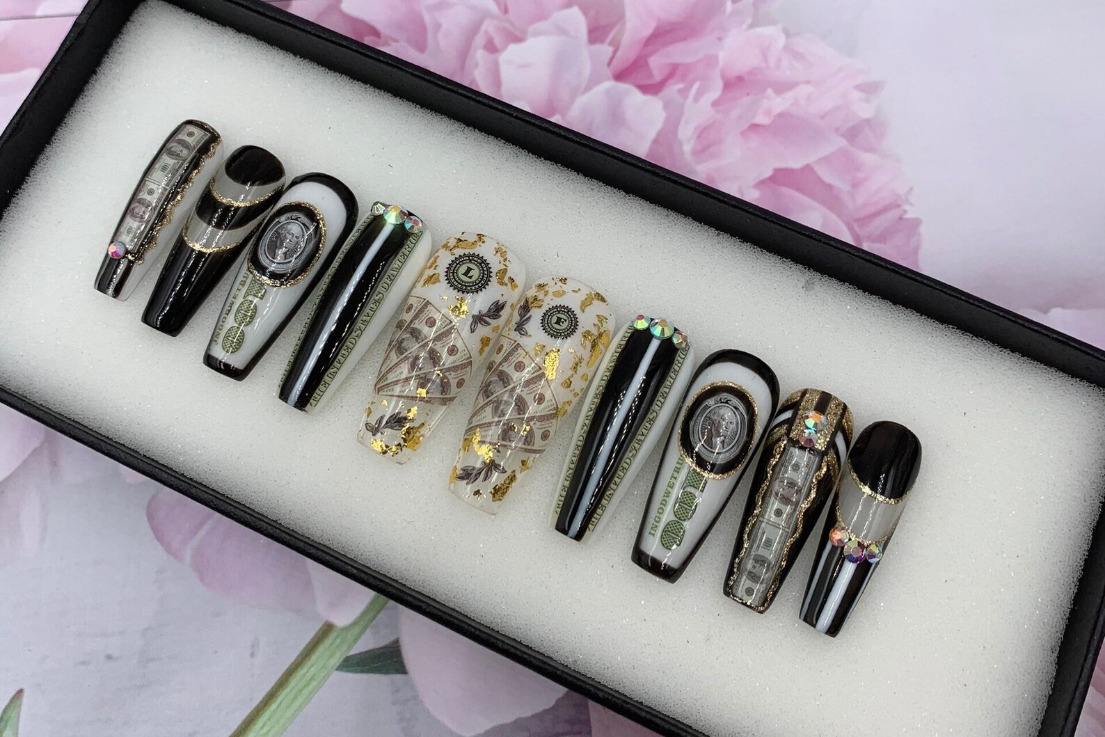 Money Nails Set -fake Nails | Glue on Nails | Press on Nails | Coffin ...