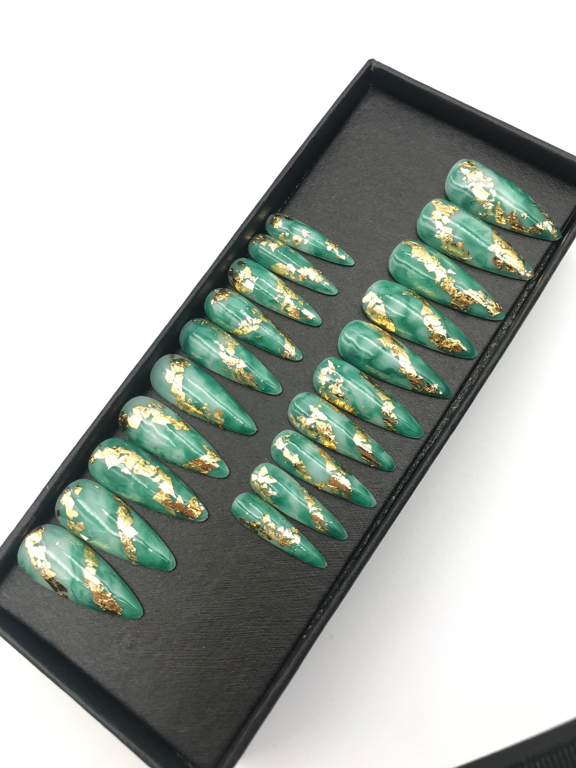 Turquoise Marble Nail Set fake Nails Glue on Nails Press - Etsy