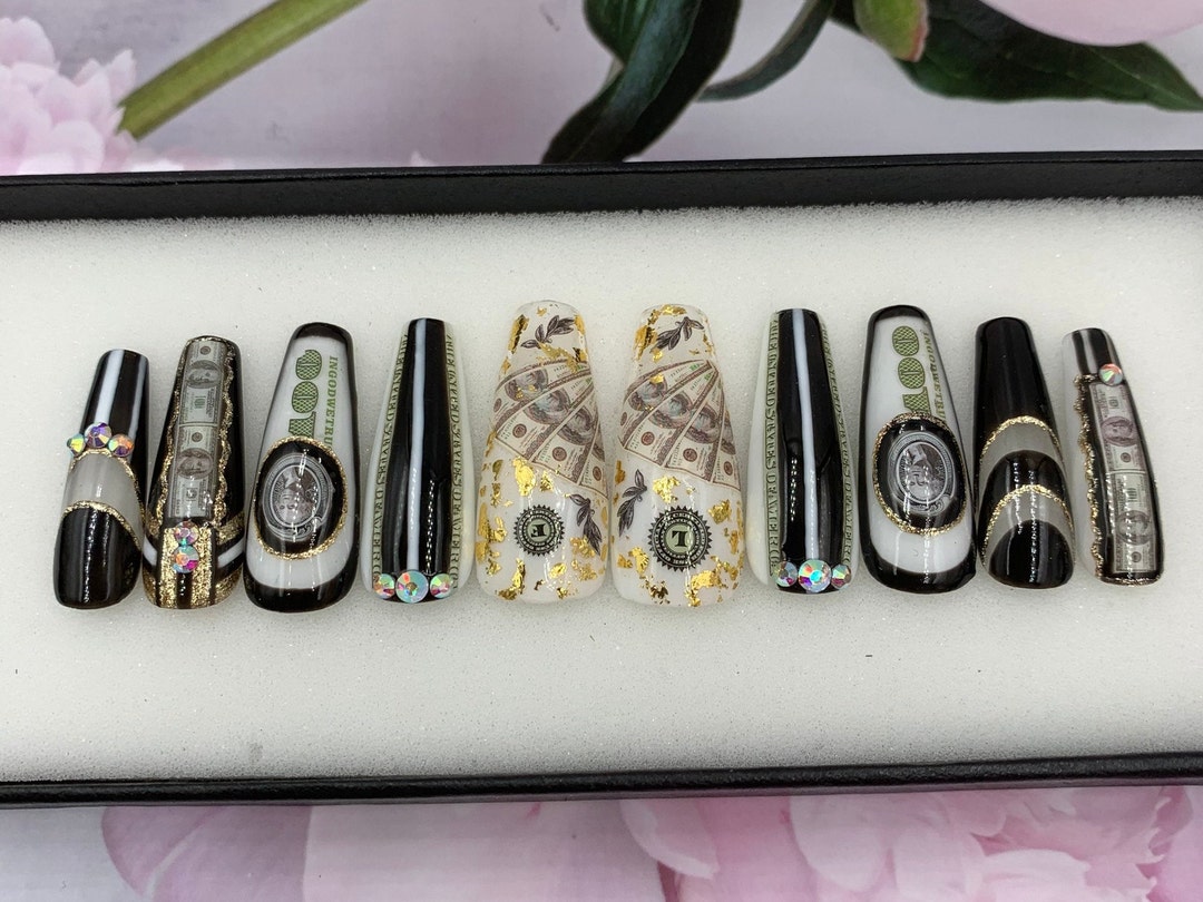 Money Nails Set -fake Nails | Glue on Nails | Press on Nails | Coffin ...