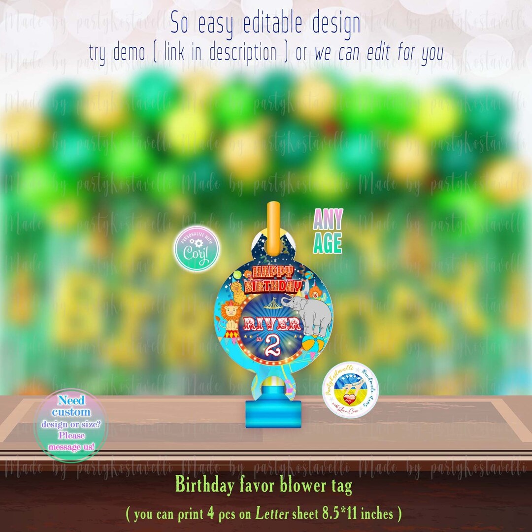 Circus Animals Blowouts Tag Carnival Blowers Tag Birthday - Etsy