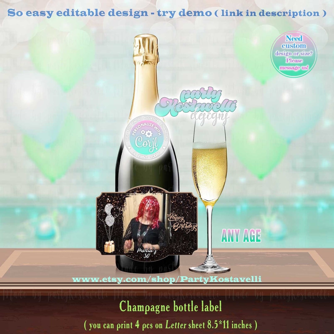 Birthday Champagne Label Black Gold Glitter ANY AGE Birthday Party ...
