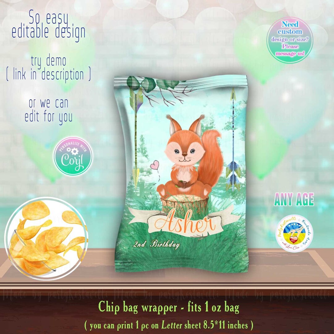 Squirrel Birthday Party Chip Bag Wrapper Label Woodland Animals Theme ...
