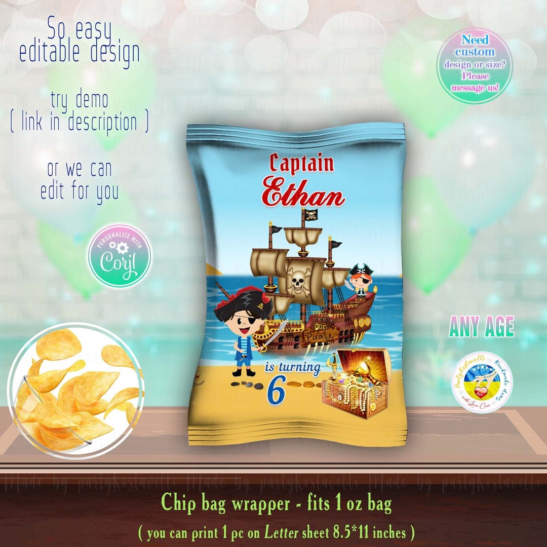 Pirate Chip Bag Wrapper Pirate Snack Label Birthday Party Favors Ship ...