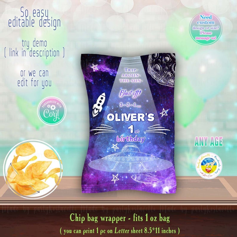 Editable Outer Space Chip Bag Wrapper Space Birthday Party Snack Bag ...
