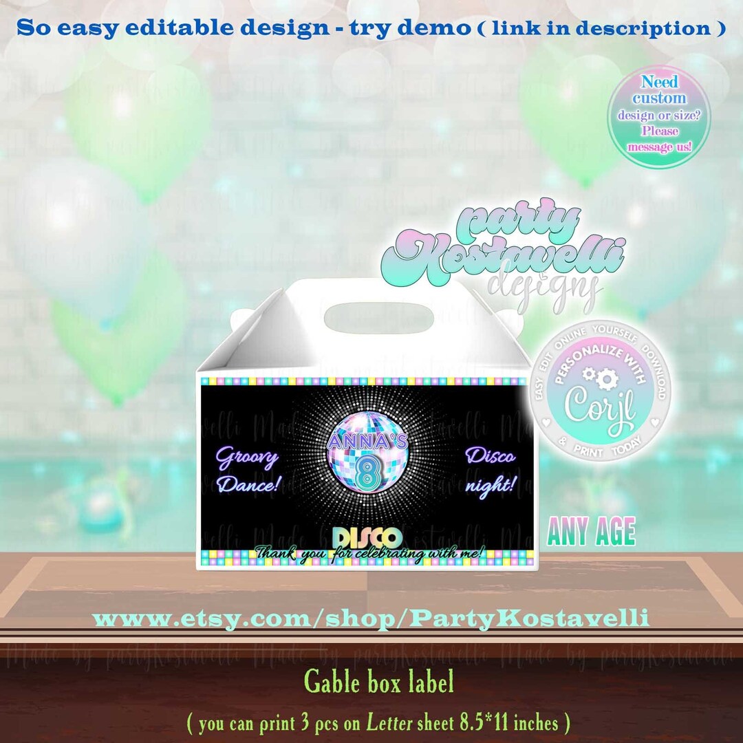 Disco Gable Box Label Dance Party Favor Candy Bag Theme Birthday Neon ...