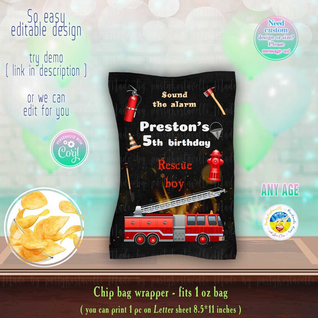 Firefighter Chip Bag Wrapper Fire Truck Chip Bag Label Fireman Snack ...