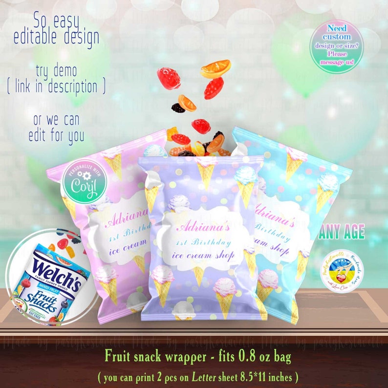 Ice Creams Fruit Snack Wrapper Sweet Cone Shop Favors Labels Scoop Ice ...