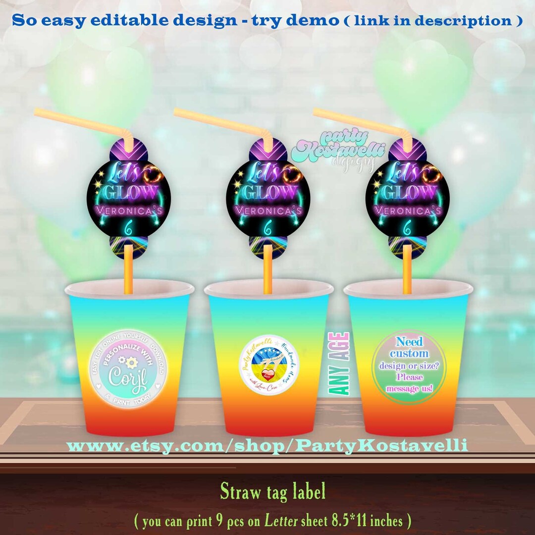 Neon Glow Straw Tag Let's Glow in the Dark Juice Water Straws Label ...