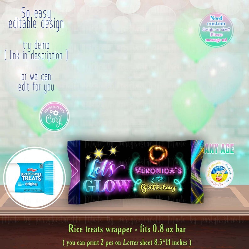 Glow Party Rice Krispies Wrapper Neon Birthday Favors Snack Label Let's ...