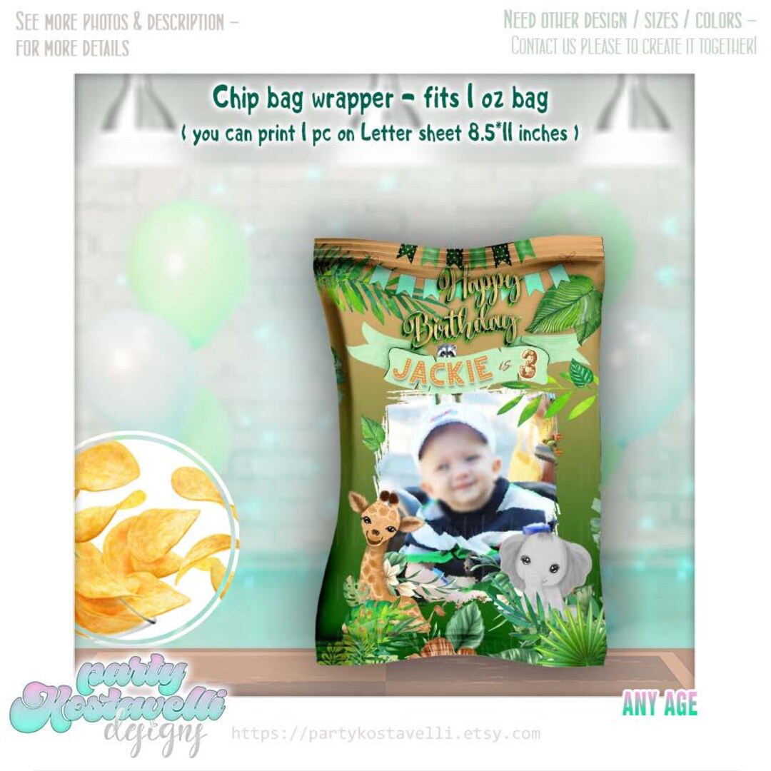 Jungle Chip Bag Wrapper, Jungle Party Favors Safari Animals Snack Label ...