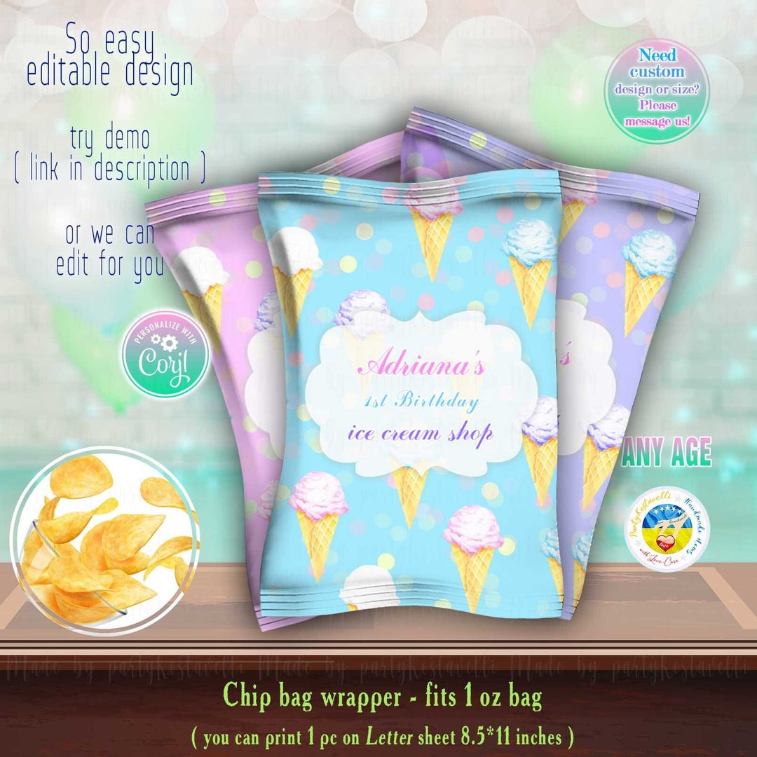 Ice creams Chip bag wrapper sweet cone shop favors label Scoop ice ...