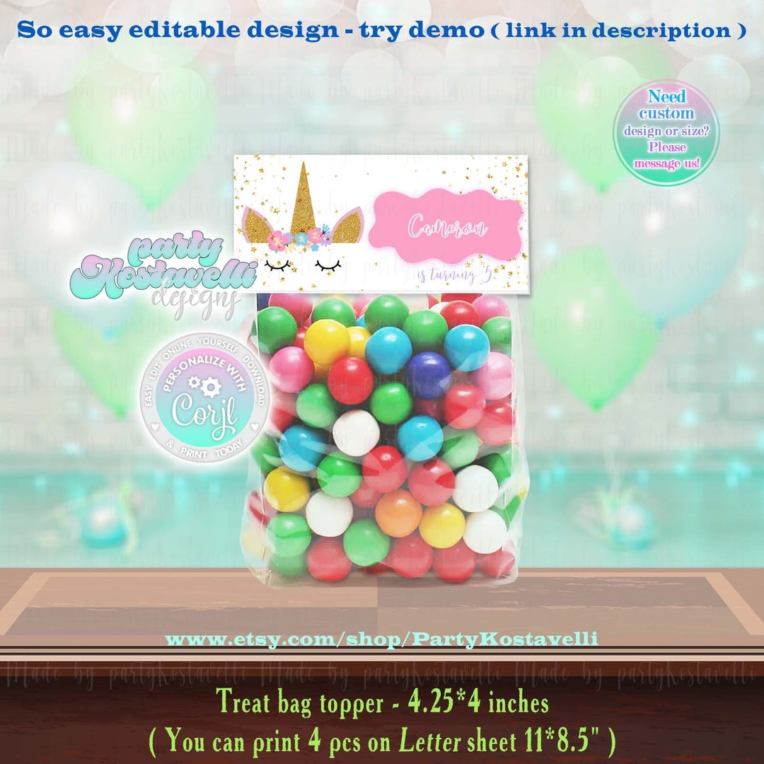 Treat Bag Topper Unicorn Party Favors Candy Bag Theme Birthday Party ...