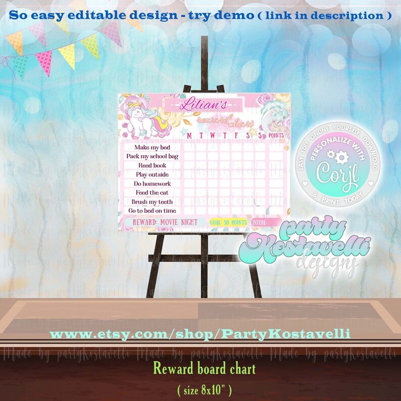 Editable Unicorn Reward Chart for Kids, Girl Unicorn Floral Routine ...