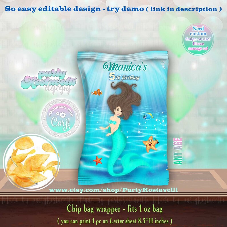 Mermaid Chip Bag Wrapper Under the Sea Label Turquoise Mermaid Birthday ...