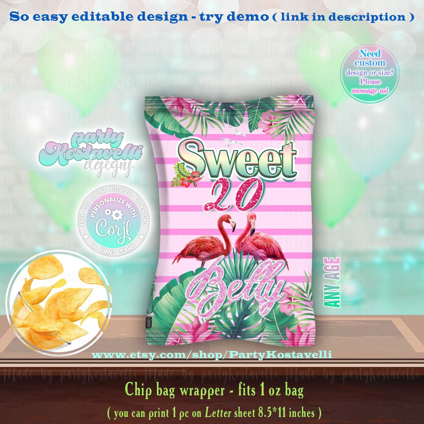 Editable Flamingo Gable Box Label Tropical Birthday Party Gift Box ...