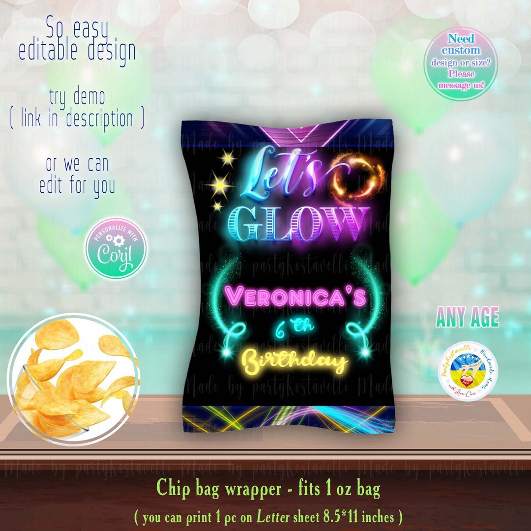 Neon Glow up Chip Bag Label Glow Party Chips Neon Party Favors Snack ...