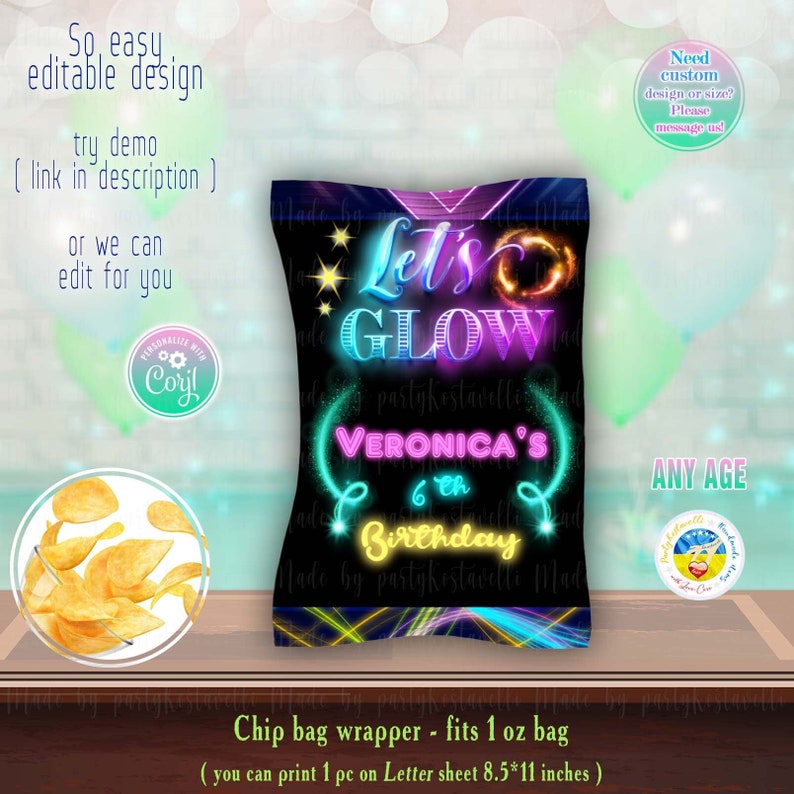 Neon Glow up Chip Bag Label Glow Party Chips Neon Party Favors - Etsy