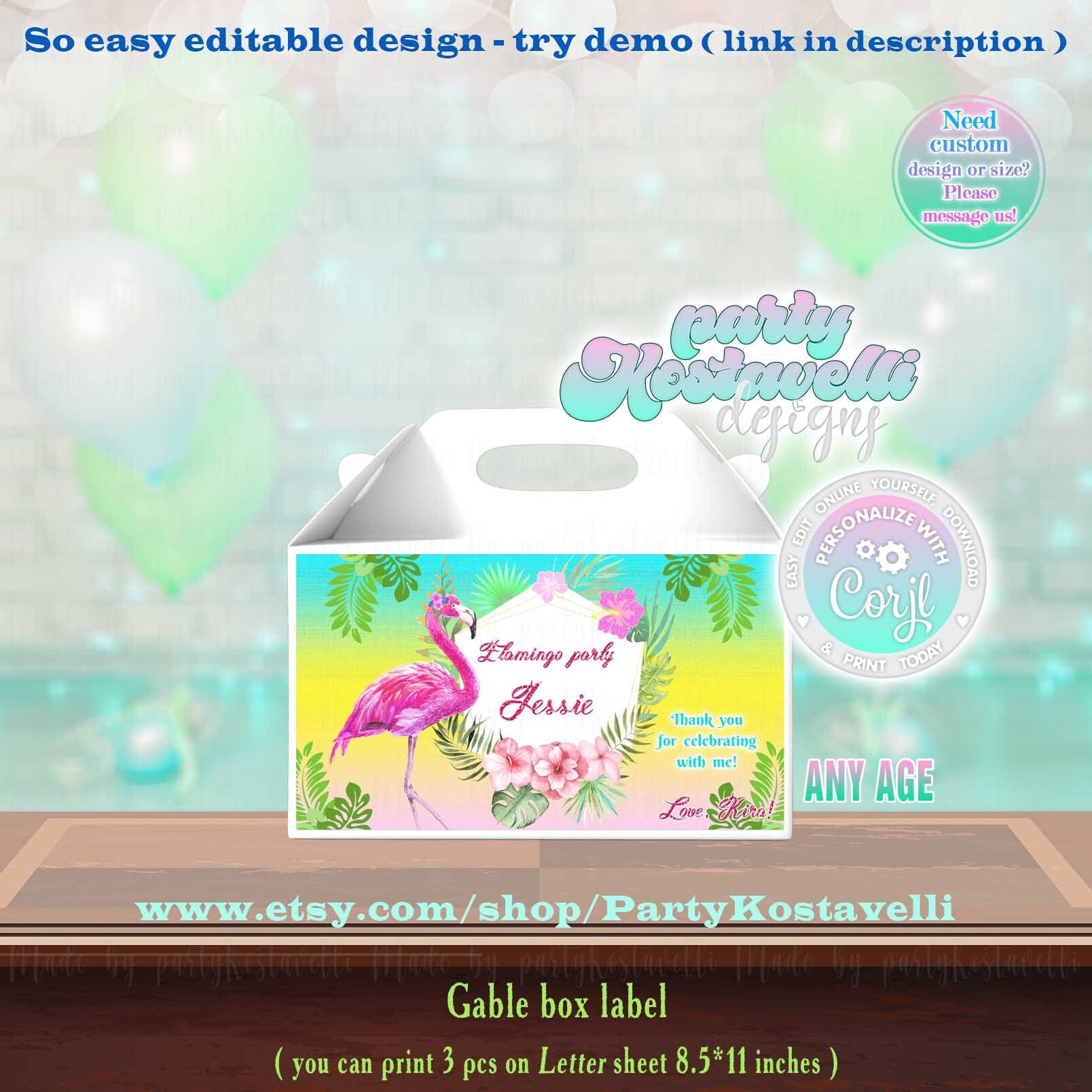 Editable Flamingo Gable Box Label Tropical Birthday Party Gift Box ...